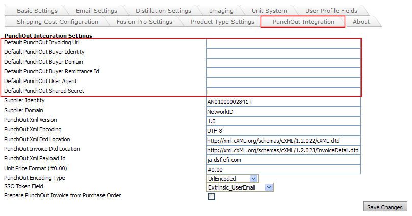 Site Settings - PunchOut Integration Tab